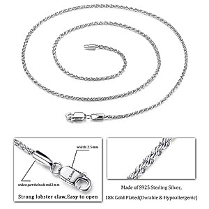 Milacolato 925 Sterling Silver 1.35MM Rope Chain Necklace for Women Men White Gold Plated Durable Italian Silver Necklace Chain Jewelry - Lobster Claw Clasp 16/18/20/22/24 Inches