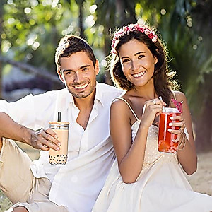 Mixrug Bubble Tea Cups 24oz 2 Pack, Reusable Iced Coffee Cups Wide Mason Mouth Smoothie Cups With Bamboo Lids and Silver Straws, Mason Jar Drinking Glasses Cups, Travel Glass Drinking Bottle