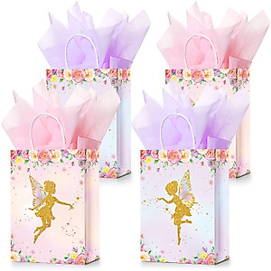 16 Pieces Floral Fairy Gift Bags with Tissue Paper Pink and Purple Floral Fairy Goodie Gift Treat Bags Spring Themed Bags Butterfly Baby Girl Paper Bags for Girl Kid Birthday Baby Shower Party