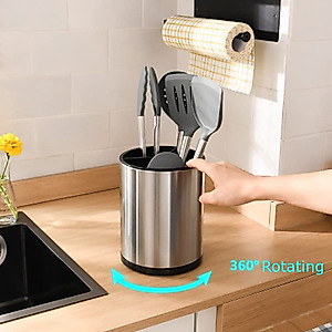 RedCall Stainless Steel Cooking Utensil Holder,360° Rotating Kitchen Utensil Holder,Extra Large Spatula Spoon Holder Counter,Weighted Base Utensil Caddy Storage Organizer for Countertop (Round)