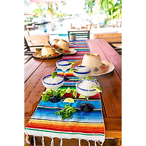 EMPORION Set of 4 Hand-Blown Margarita Glasses from Mexico with Cobalt Blue Rim - Rustic & Handcrafted Recycled Bubble Glass Drinking Glassware - 14 Oz