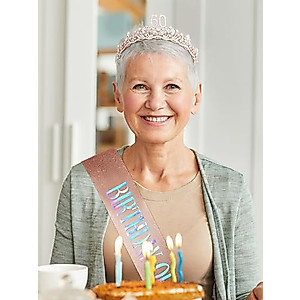 SWEETV 60th Birthday Crown Tiara Sash for Women Rose Gold Birthday Queen Sash and Tiara Crown Set Rhinestone Princess Headband for Birth Day Party Photograph
