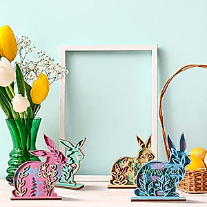 4 Pcs Easter Table Decor Bunny Wooden Signs Spring Rabbit Wood Tabletop Decorations Easter Tiered Tray Decor Bunny Freestanding Centerpiece Reversible Double Printed Bunny Table Decor with Jute Rope