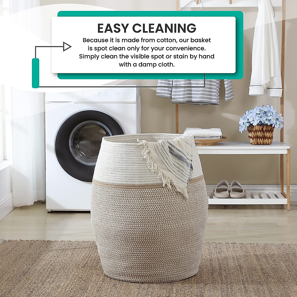 Organizix XXXL Extra Large Woven Cotton Rope Tall 25" Height Laundry Hamper Basket with Handles, Storage Basket for Toys, Blanket, and Towels - 20 x 25, White/Brown