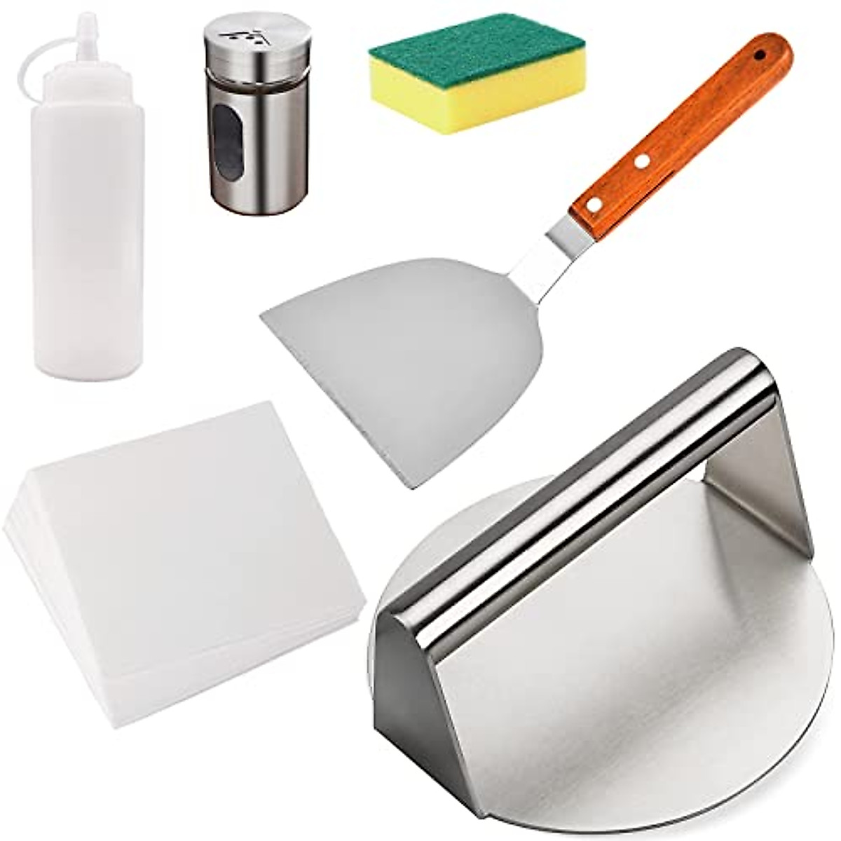 NA Burger Press, Stainless Steel Hamburger Press 5.5 inch Round Burger Smasher Grill Press, Professional Griddle Accessories Kit for Flat Top Grill, Hamburger Patty Maker and Squeeze Grease