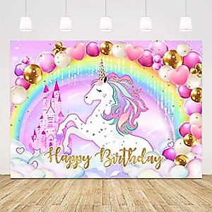 Unicorn Backdrop, Unicorn Photo Backdrops for Girls Birthday Photography 7x5ft, Rainbow Castle Pink Birthday Back Drops Background Banner Decorations for Girls Party Supplies Baby Shower Pictures
