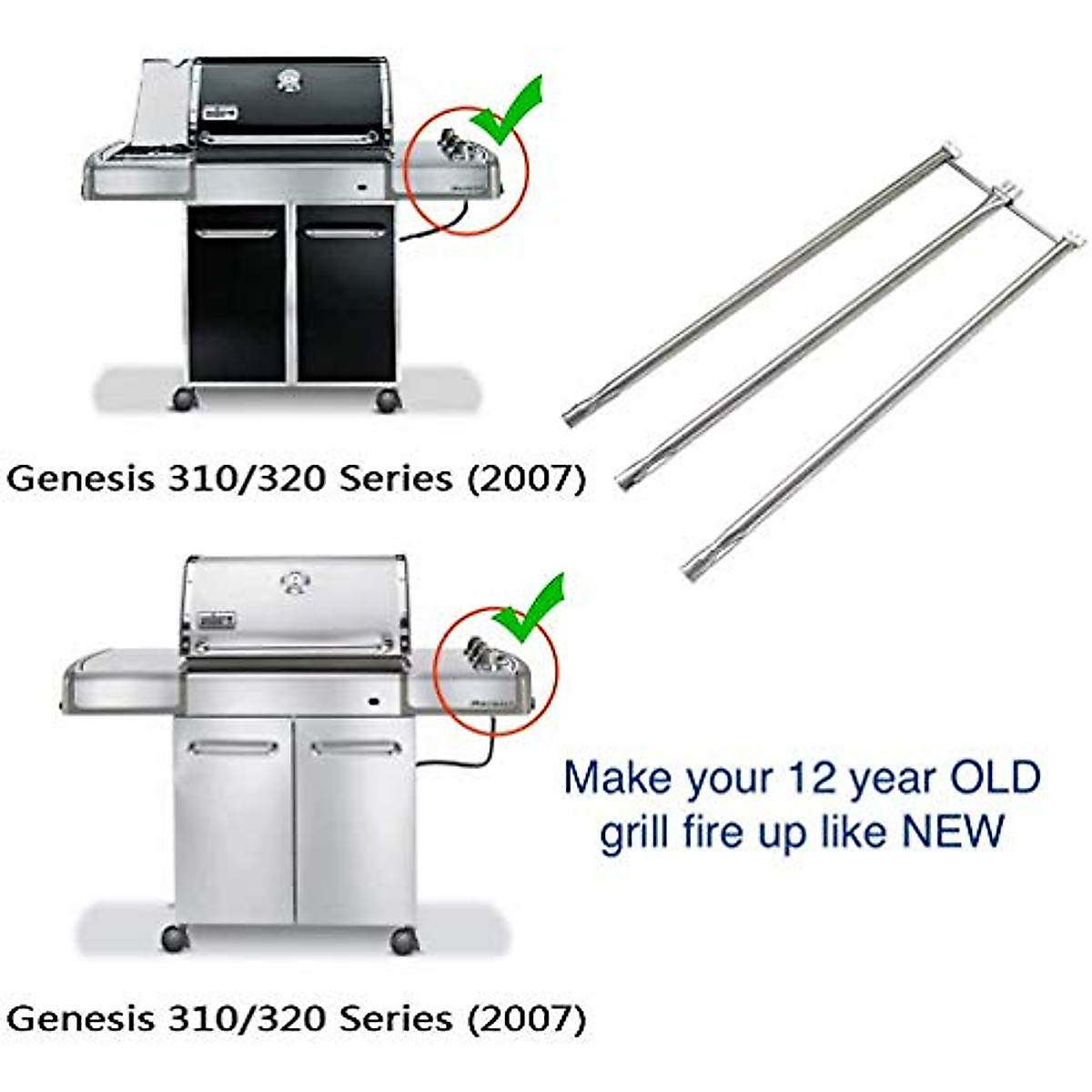 Hongso 34 1/4" SS Burner Tube Set and 24.5" Flavorizer Bars Replacement for Weber Genesis 300 Series E-310 E-320 EP-310 EP-320 S-310 S-320 Gas Grills (with Side Control Panel Only), 67722 7539 7540