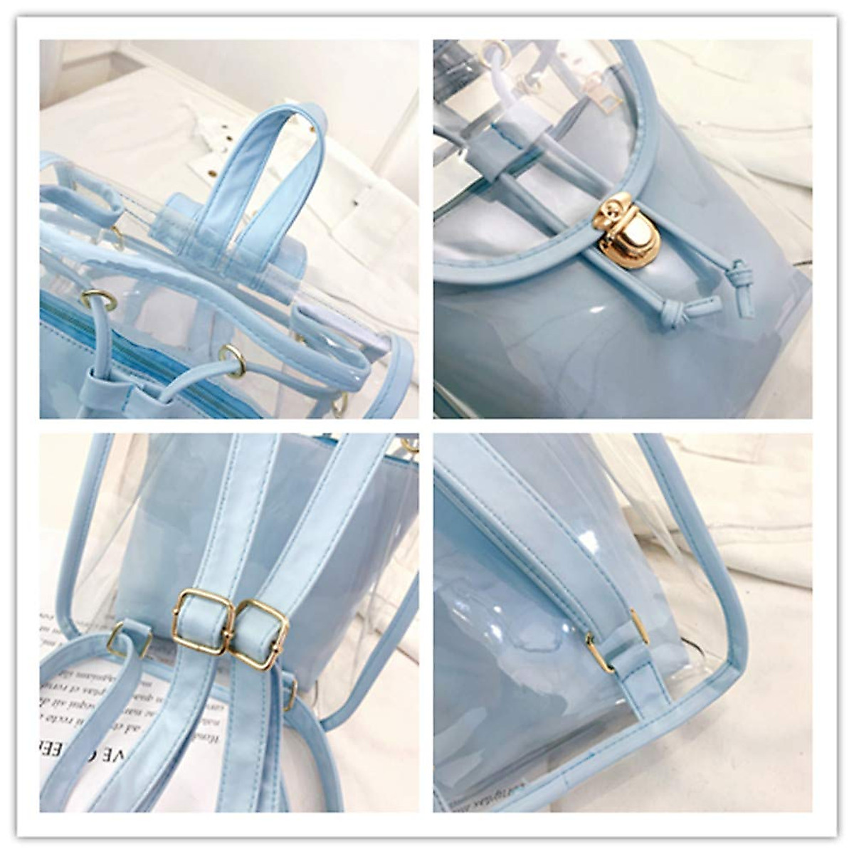 Mini Clear Backpack with Removable Pouch Transparent PVC Shoulder Bag Handbag, Blue, Small