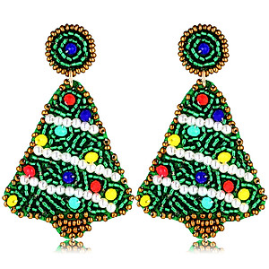 CEALXHENY Beaded Christmas Earrings for Women Handmade Bead Xmas Tree Santa Clause Wreath Candy Cane Drop Dangle Earrings Festive Holiday Earrings Christmas Gifts (Christmas Tree)