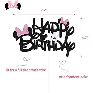 Black Glitter Minnie Inspired Happy Birthday Cake Topper with Pink Bows and White Gloves Girls Birthday Party Decorations Supplies