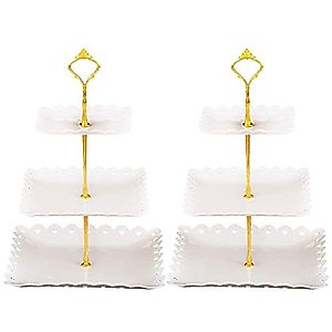 Agyvvt Set of 2 Pcs 3-Tier Plastic Dessert Stand Square Cupcake Serving Tray for Home Wedding Birthday Party (White)