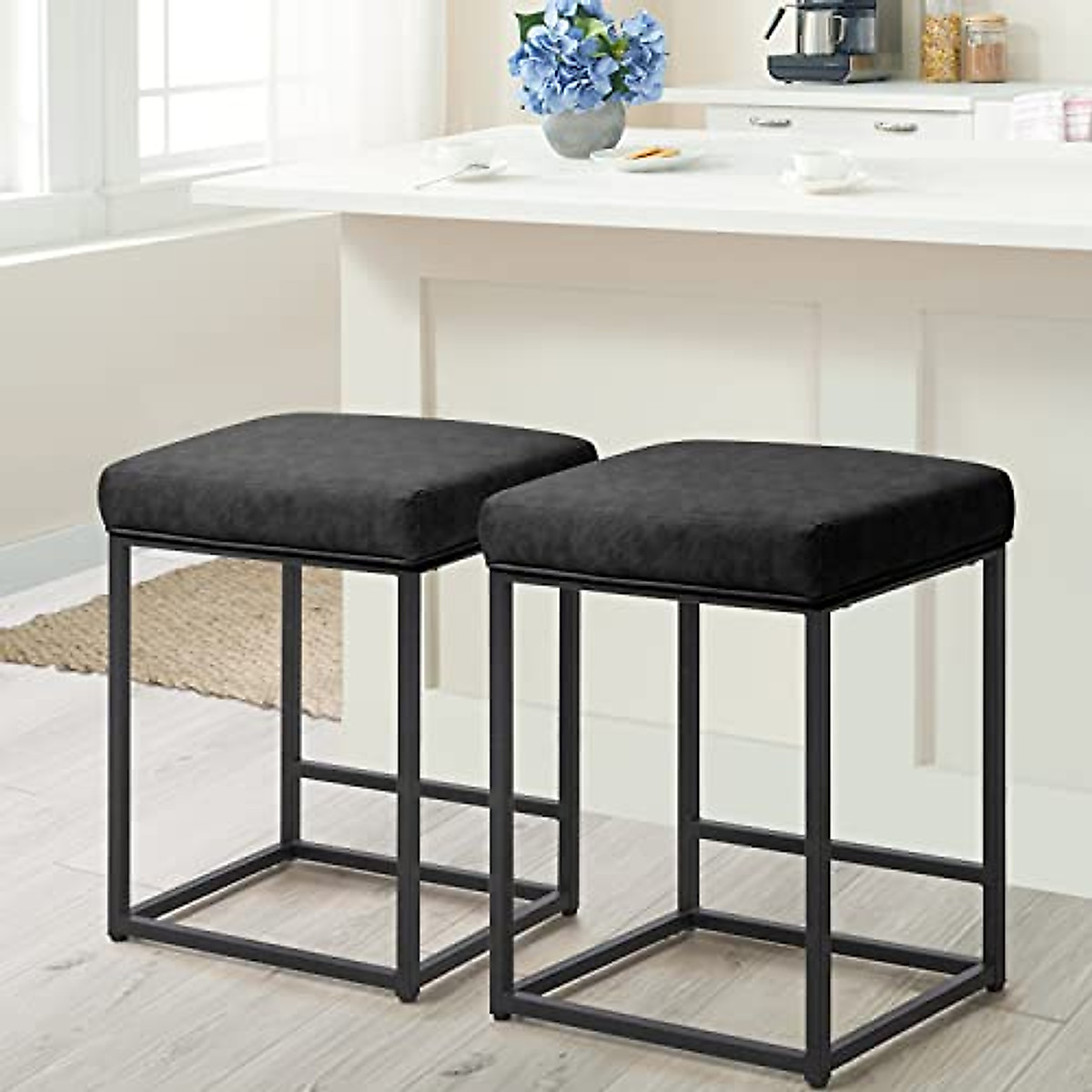Homall Bar Stools, Counter Height 24" Barstools Set of 2 for Kitchen Island, Bar Chairs PU Leather Backless Modern Square Stool with Thick Cushion and Metal Steel Frame (Black)