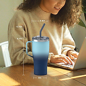 Zukro 32 oz Tumbler with Handle and Straw, No Sweat Double Wall Insulated Stainless Steel Coffee Cup with 2 Lids, Leakproof Travel Mug For Hot and Cold Drinks, Dishwasher Safe, Fit in Cupholder