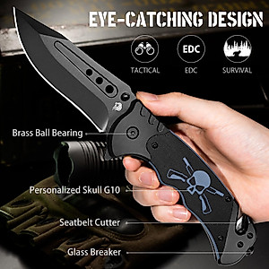 NedFoss GRIZZLY Pocket Knife Tactical Folding Knife with Glass Breaker and Seatbelt Cutter, Unique Skull G10 Handle, Christmas Gifts for Men Women, Cool Survival Knife for Emergency Rescue