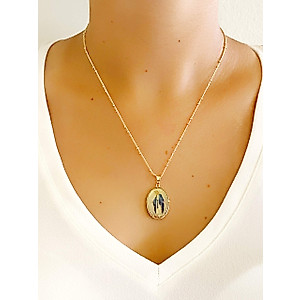 LESLIE BOULES Virgen La Milagrosa Pendant Necklace 18K Gold Plated Chain 18 Inches Length