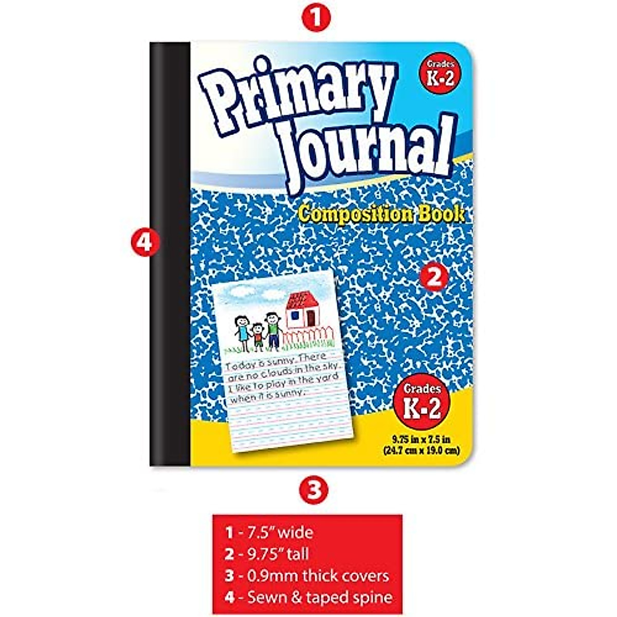 Primary Journal, Hardcover, Primary Composition Book Notebook - Grades K-2, 100 Sheet, One Subject, 9.75" x 7.5", Blue Cover-6 Pack