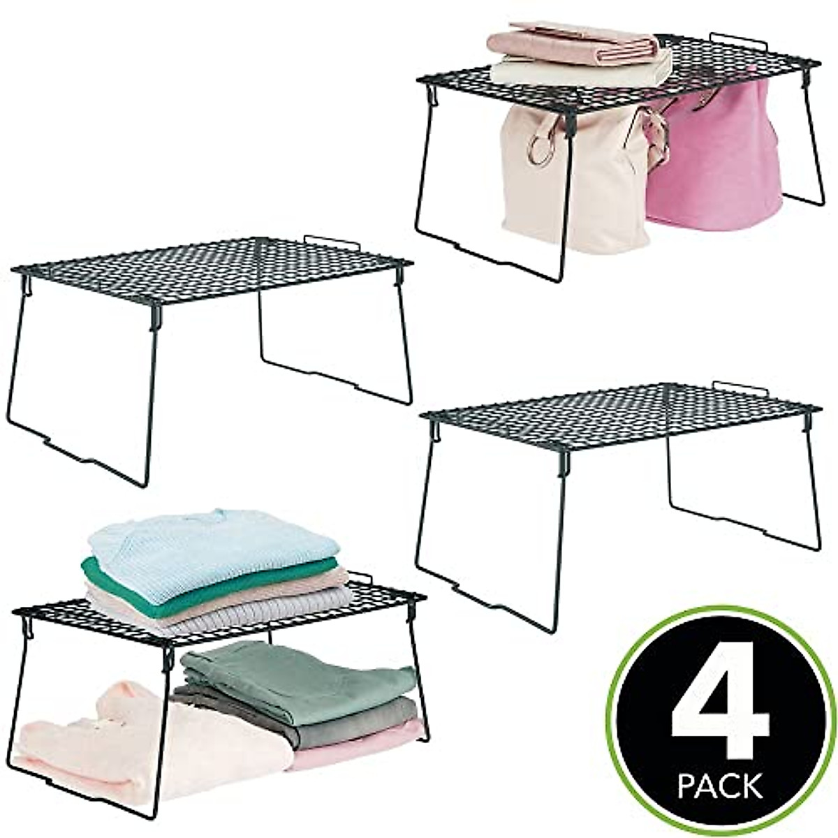 mDesign Metal Stackable Storage Shelf - Closet, Cabinet, Countertop 2-Tier Raised Organizer - for Bedrooms, Bathrooms, Entryways, Hallways - 17" x 12" x 8", 4 Pack - Black