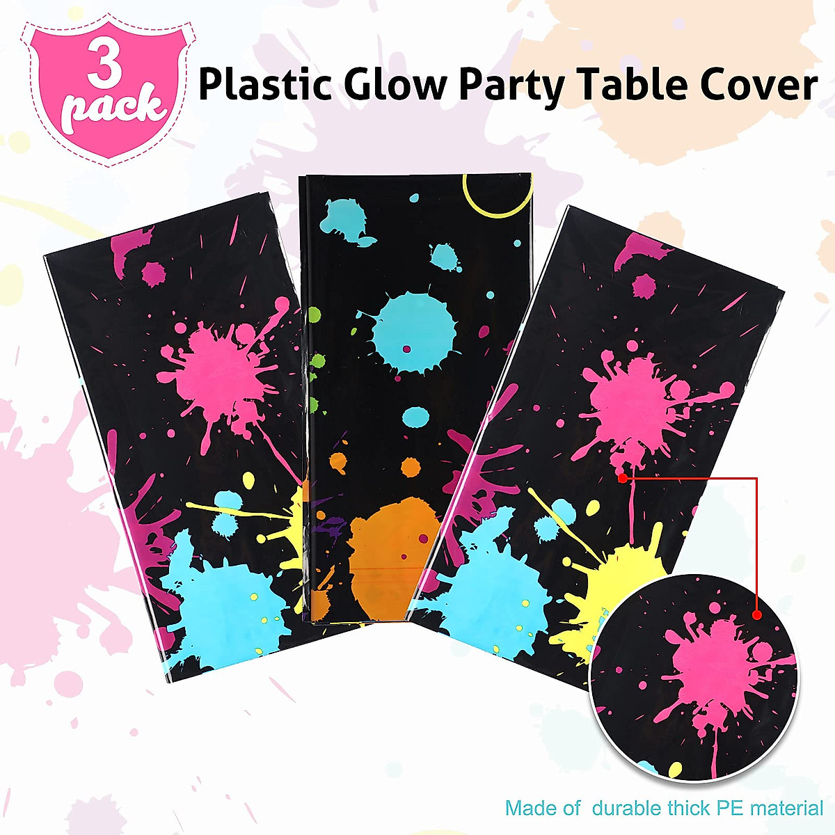 Glow Party Table Covers Neon Party Tablecloths 108 x 54 Inch Glow Party Tablecloths Disposable Plastic Neon Glow Table Cloth for Neon Birthday Party Black Light Party Supplies (3 Pieces)