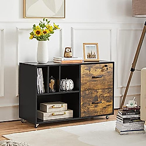 Yaheetech 2 Drawer Lateral File Cabinets with 4 Open Storage Shelves for Letter Size A4 Size, Mobile Large Filing Cabinet Printer Stand on Wheels for Home Office Black/Rustic Brown