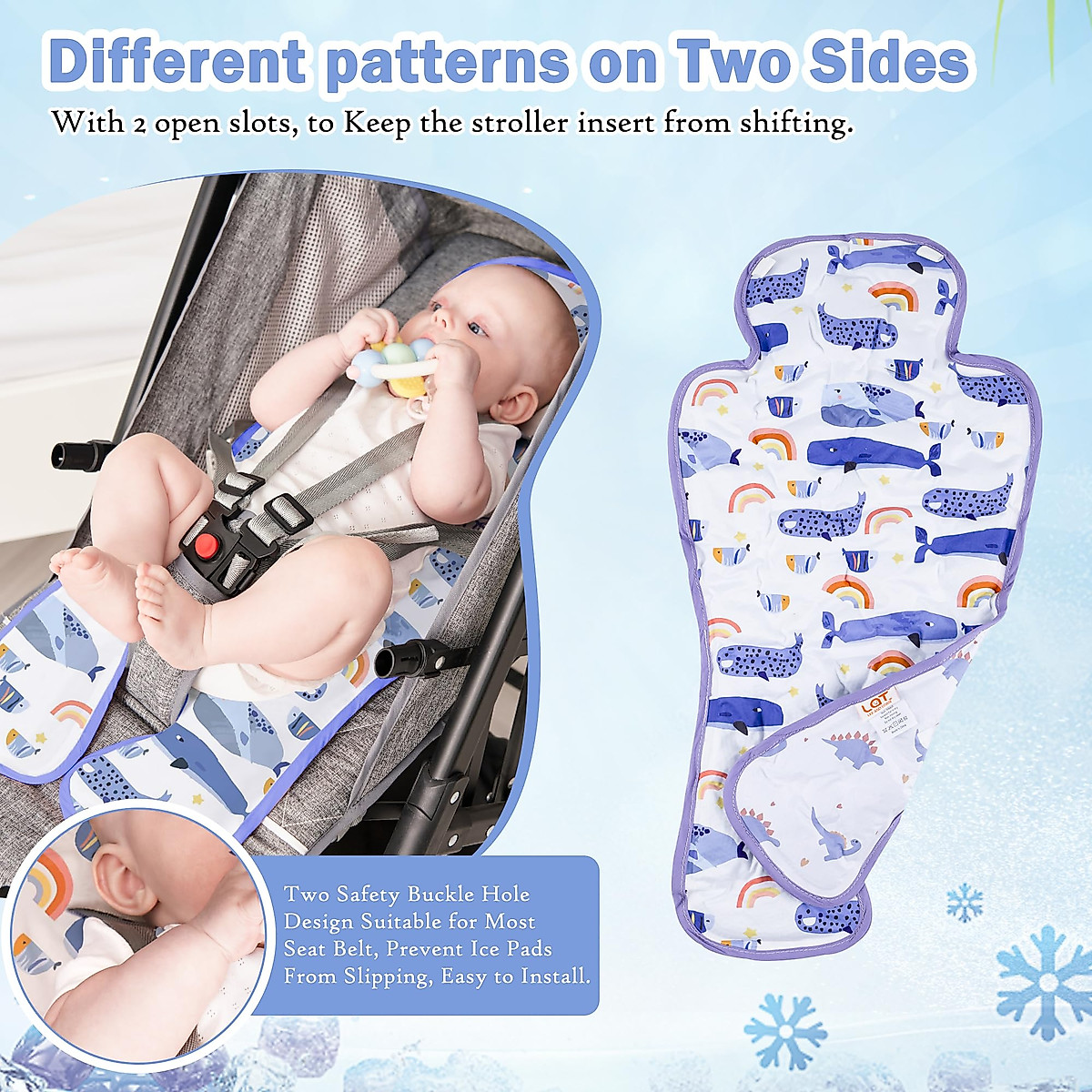 Gel Car Seat Cooler Pad,1 Pack Double Sides-Universal Baby Stroller Ice Cushion Mat,Summer cooling Seat Liner,Multifunctional Suitable for Baby Dining Chair,Child Safety Seat(Whale + Blue Dinosaur)