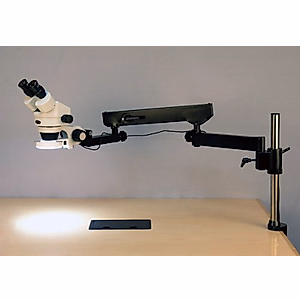 AmScope SM-8B-144S Professional Binocular Stereo Zoom Microscope, WH10x Eyepieces, 7X-45X Magnification, 0.7X-4.5X Zoom Objective, 144-Bulb LED Ring Light, Articulating-Arm Boom Stand, 110V-240V
