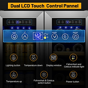 Wine and Beverage Refrigerator, 24 Inch Beverage Cooler Dual Zone with Glass Door, Built-in/Freestanding Beverage Fridge with Upgraded 20 Bottles and 60 Cans Large Capacity