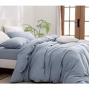 Warm Moment Bedding Duvet Cover Set 100% Washed Cotton Like Textured Breathable Durable Soft Comfy - 3 Pieces Luxury Soft Bedding Set with 2 Pillow Shams & 8 Interior Ties (Blue,Queen,90"x90")