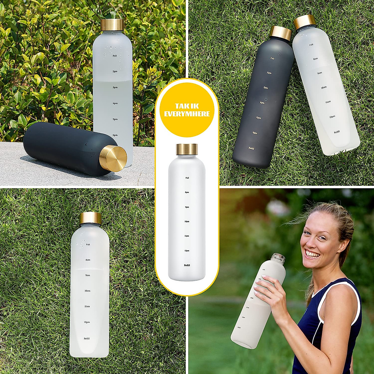 MUCR 32 oz Water Bottle With Time Marker, Motivational Clear Water Bottles, Lightweight and Frosted, BPA Free for Gym, Sport, Outdoors, White