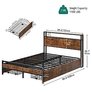 YITAHOME Queen Size Bed Frame with 4 Storage Drawers, Metal Platform Bed with Wooden Headboard and Charging Station, No Box Spring Needed, Fast Assembly - Brown