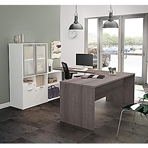 Bestar i3 Plus U-Shaped Executive Desk with Frosted Glass Doors Hutch, 72W, Bark Grey & White