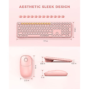 PEIOUS Wireless Keyboard and Mouse Combo, Cute Rose Gold Keyboard with USB and Type C Receiver, Round Keys, Compatible with MacBook, Windows 7/8/10, Laptops (Pink)