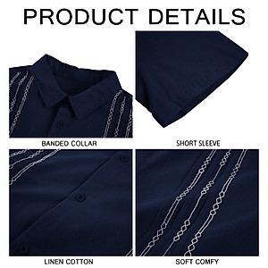 Runcati Mens Short Sleeve Guayabera Shirts Linen Cotton Button Up Mexican Embroidered Cuban Wedding Shirt Navy