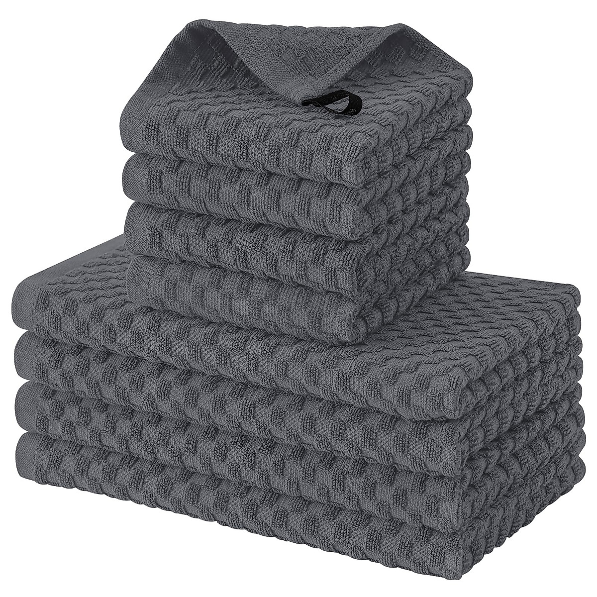 Fintale 100% Cotton Kitchen Towels and Dishcloths Set, 12 x 12 & 15 x 25 Inches, Set of 8 Bulk Super Soft and Absorbent Terry Cloth Dish Towels, Quick Drying Hand Towels with Hanging Loop, Dark Grey
