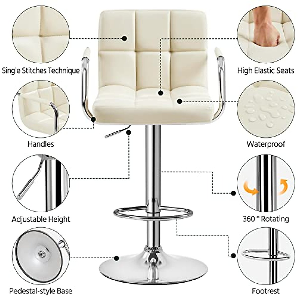 Yaheetech Tall Bar Stools Set of 2 Modern Square PU Leather Adjustable BarStools Counter Height Stools with Arms and Back Bar Chairs 360° Swivel Stool, Beige
