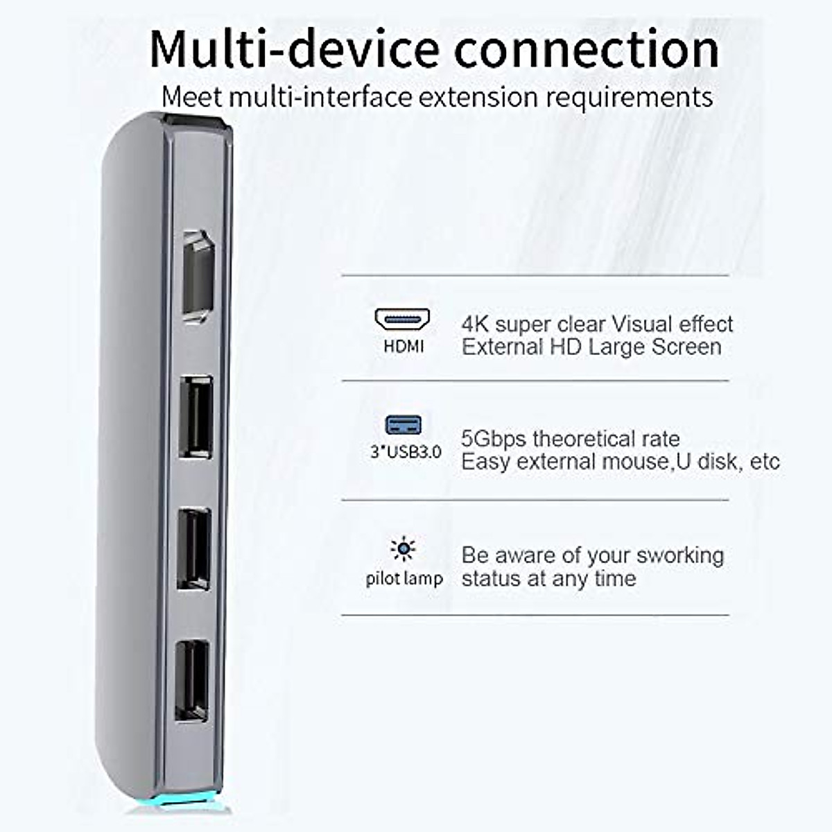 USB C Hub HDMI Adapter, 6-in-1 Multifunctional Type C to HDMI USB with Breathing Light, Memory Card Reading, Simple External U Disk, Mouse, Mobile Hard Disk