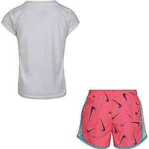 Nike Little Girls' Dri-Fit Swoosh All Over Print T-Shirt and Shorts 2 Piece Set (SunsetPulse(26H664-ACG)/White, 3T, 3_Years)
