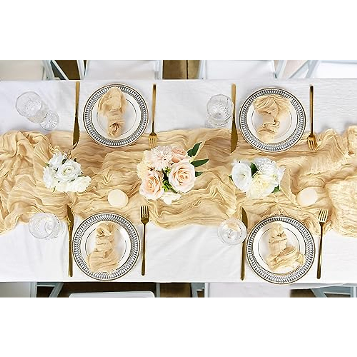 DearHouse 6Pack Cheesecloth Table Runner, Cheese Cloth Boho Gauze Table Runner for Wedding Bridal Baby Shower Birthday Holiday Party Rustic Sheer Table Decorations (Champagne)