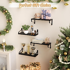 Love-KANKEI Black Floating Shelves for Wall Set of 4, 15.7 Inch Wood Wall Shelves with Bracket, Rustic Hanging Shelves for Bathroom, Bedroom, Kitchen,Living Room, Office Display