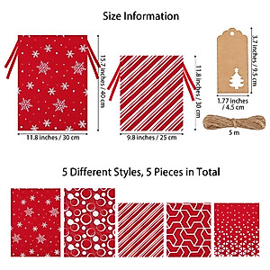 Aneco 5 Pieces Red and White Christmas Bags Xmas Cotton Fabric Drawstring Bags with 24 Pieces Kraft Paper Tags for Storing Christmas Gifts Parties, 5 Styles, 2 Sizes