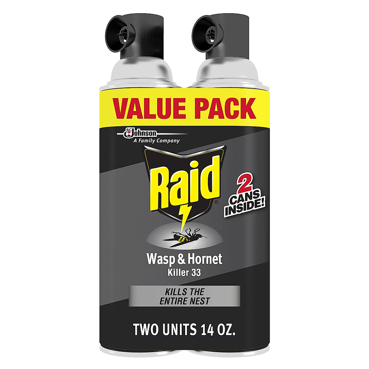 Raid Wasp & Hornet Killer Spray, Kills the entire nest, Kills Paper Wasps, Yellow Jackets, Mud Daubers and more, 14 oz (Pack of 2)