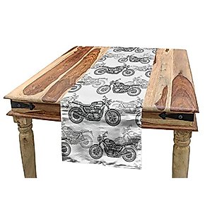 Ambesonne Motorcycle Table Runner, Realistic Grayscale Illustration of Classic Motorcycles Many Details, Dining Room Kitchen Rectangular Runner, 16" X 90", White Black