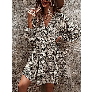 TEMOFON Womens Long Sleeve Fall Dress: Leopard Printed Tunic Casual Loose V Neck Fall Flowy Mini Dresses Khaki L