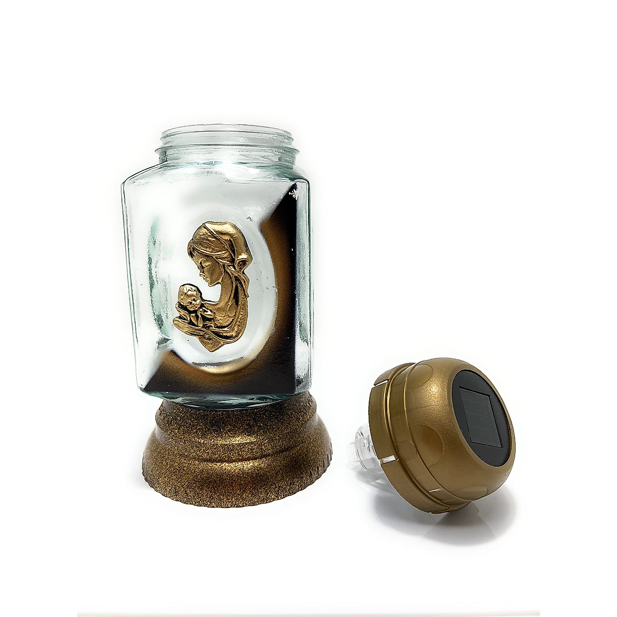 Importer AM Rainbow Glass Cemetery Memorial Candle with 3D Portrait of Jesus and Mary | Grave Light Remembrance Decoration | European Style Candle Holder Home & Garden Decor (8.5in Tall, Gold)