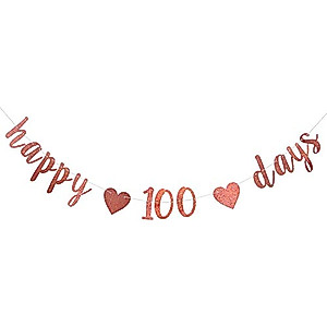 Rose Gold Glittter Happy 100 Days Banner Sign for Kids Birthday, Baby Shower, Wedding Celebration Party Decor Cursive Bunting Decorations