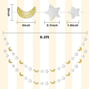 Cute Small Gold Silver Star Moon Garlands Glitter Twinkle Star Garlands Streamer for Kids Birthday/Bday Party Baby Shower Wedding Anniversary Engagement Graduation Gold Silver Party Decorations