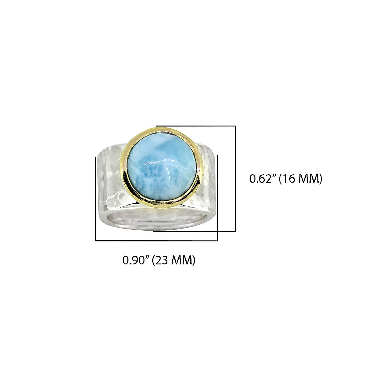 YoTreasure 13 MM Larimar Wide Band Hammered Ring .925 Sterling Silver Brass (10)