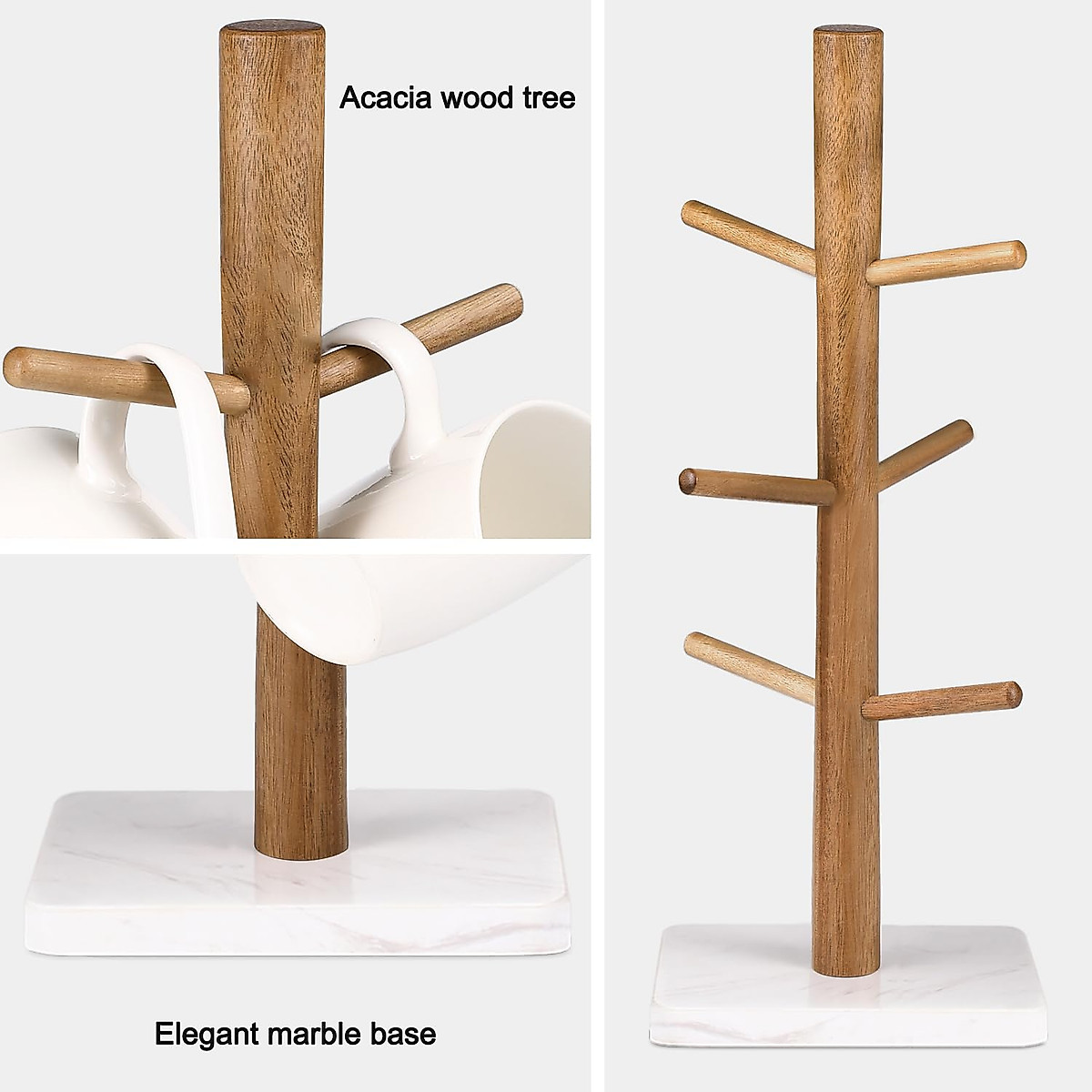 Buruis Wood Mug Holder, Marble Base Cup Rack Tree, Mug Stand Hanger, Kitchen Coffee Mug Tree Countertop Tea Cups Holder Stand, Coffee Cup Dryer with 6 Hooks