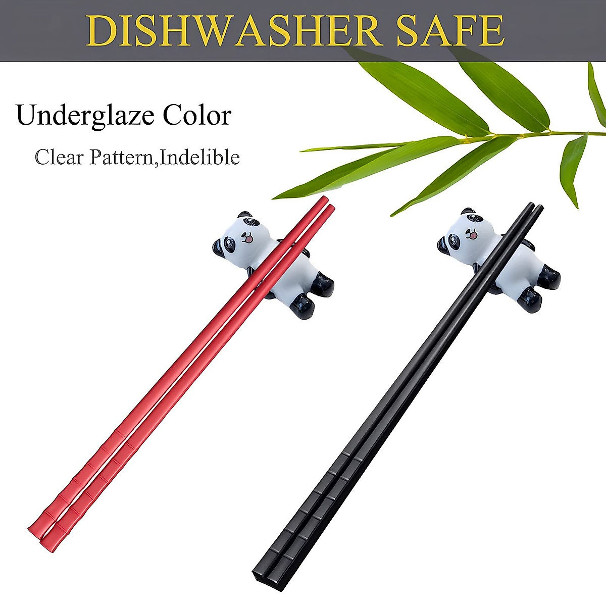 Chopsticks and Chopstick Rest Gift Set,Dishwasher Safe Reusable Fiber Glass Chopsticks and Porcelain Panda Chopsticks Holders,Red Black 2 Pairs