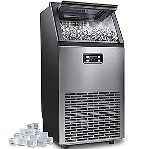 Kismile Commercial Ice Maker Machine,100Lbs/Day,45 Cubes/Batch in 11-20 Mins,Stainless Steel Freestanding Ice Maker with 2 Self-Cleaning,Water Inlet Modes for Home/Restaurant/Bar/Cafe
