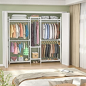 Homykic Bamboo Clothes Rack, Large Closet System Clothing Rack for Hanging Clothes, Freestanding Garment Rack with Shelves and 5 Rods, Open Wardrobe Organizer with 4 Hooks, 70”Wx77”H, White